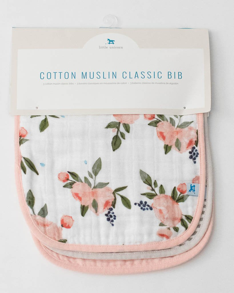 Little Unicorn, Muslin Classic Bib Watercolour Roses| The Secret Treehouse